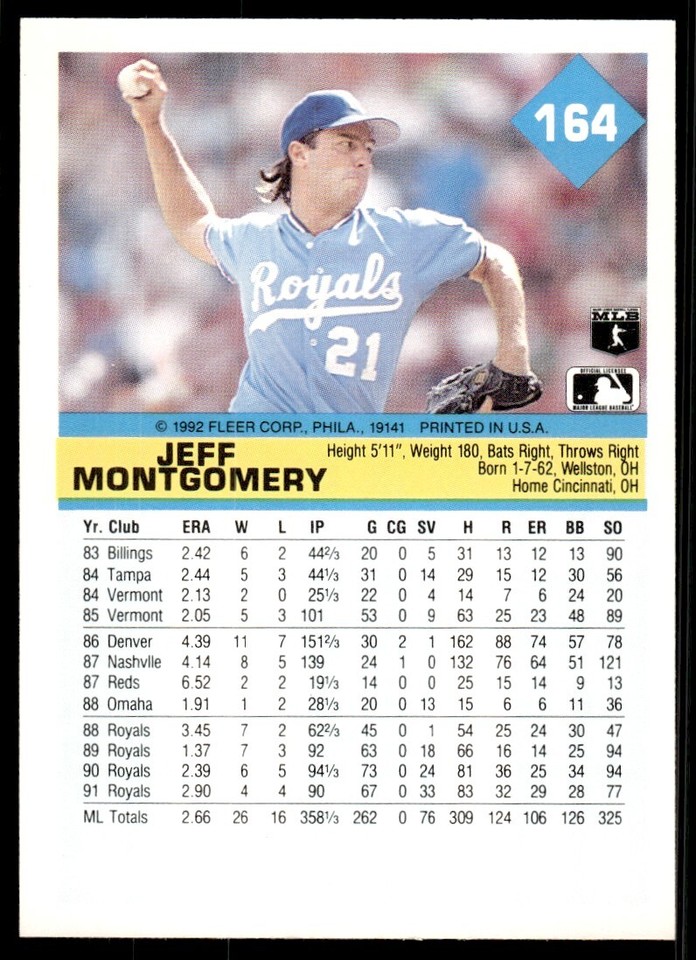 1992 Fleer Baseball Card Jeff Montgomery Kansas City Royals #164 | eBay