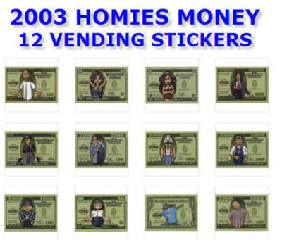 NEW RETIRED 2003 HOMIES STICKERS MONEY VENDING MACHINE 12 SET 2.5" x 4 ...