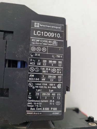 Telemecanique LC1D0910 Contactor 600VAC 20A 110V Coil 50/60 Hz for sale ...