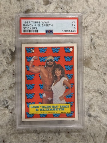 1987 TOPPS WWF STICKERS #4 MACHO MAN RANDY SAVAGE & ELIZABETH PSA 5 WWE ...