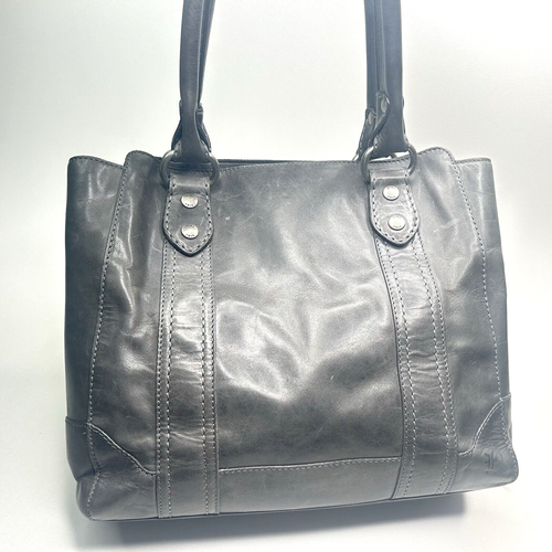 FRYE MELISSA Ice Gray Pull-Up Leather Tote Carryall Shoulder Bag Padded ...