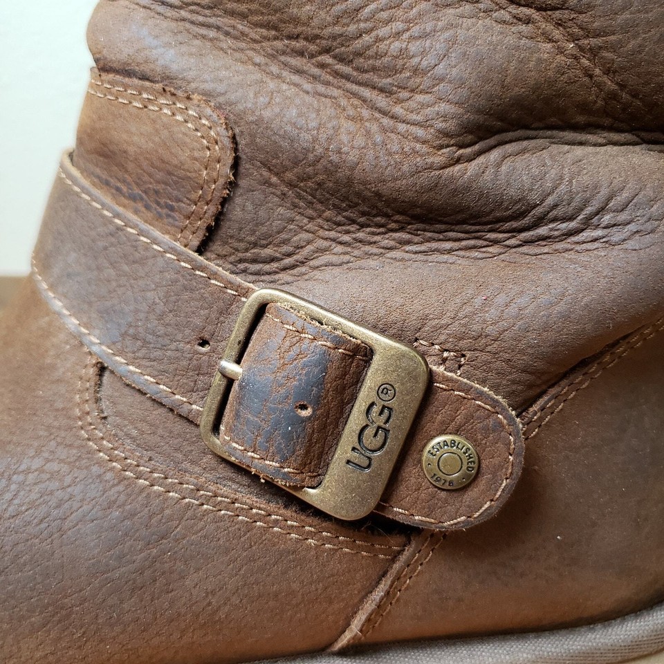 UGG Women's 7 Kensington Double Buckle Moto Boot Brown Leather Sherpa ...