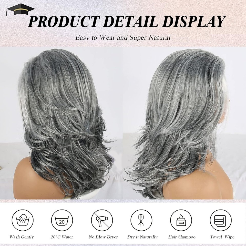 Biolage Black Grey Silver Mix Wig women daily party 20" layered ...