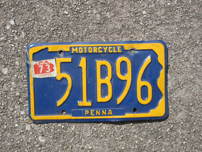 1973 Pennsylvania Yellow Blue Motorcycle License Plate PA Penna 51B96 ...