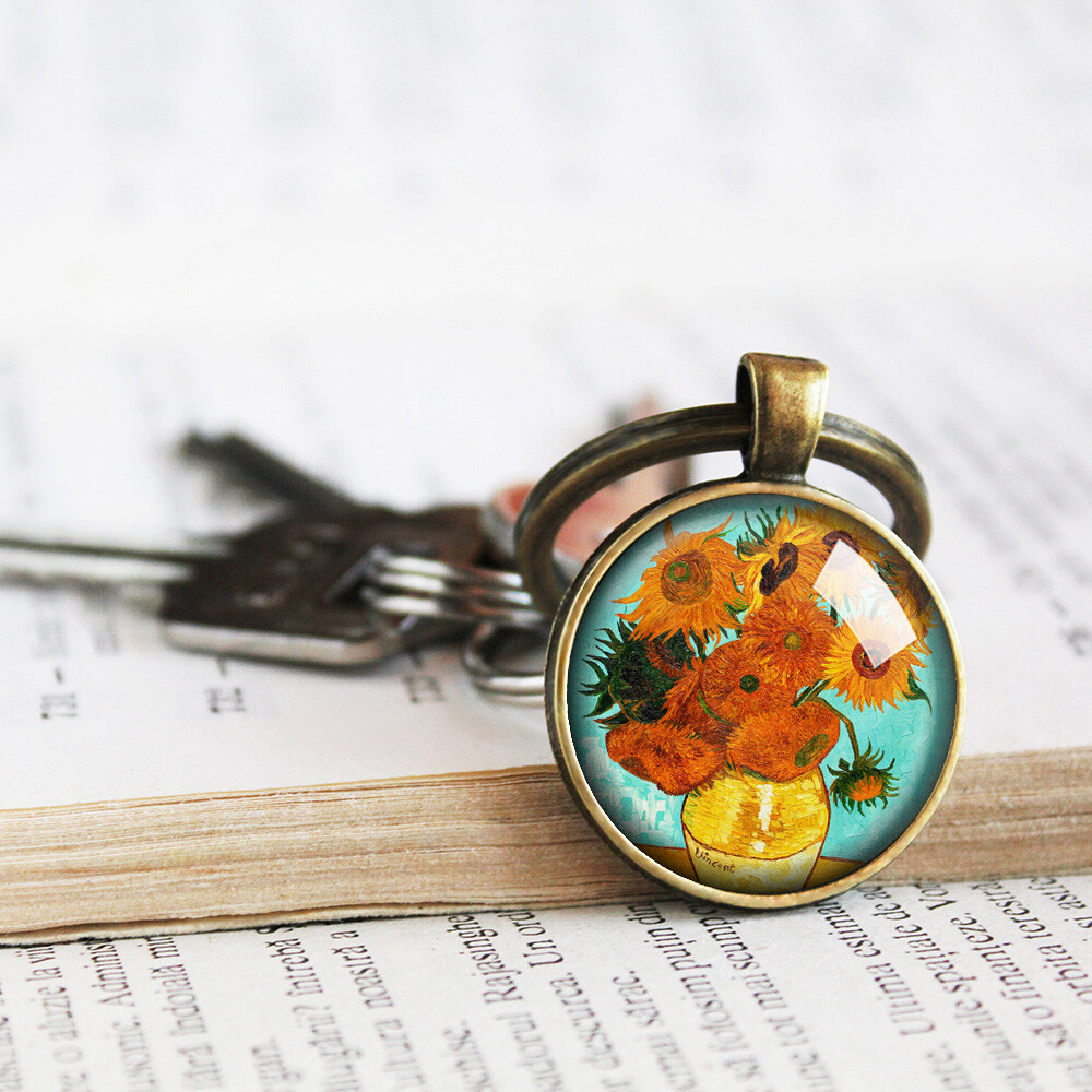 Sunflowers Keychain, Vase with Sunflowers Keyring, Vincent Van Gogh Key ...
