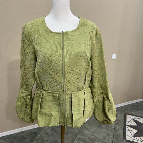 Samuel Dong Womens Green Blazer Jacket Taffeta Ruffle Balloon Sleeve Sz ...