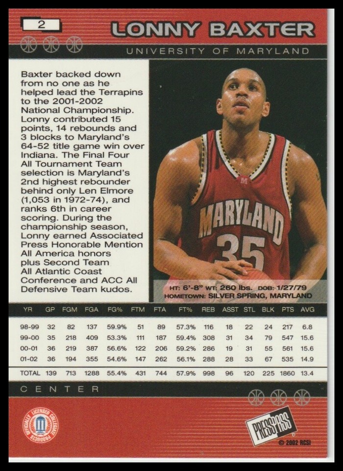 2002 Lonny Baxter Press Pass Basketball #R2 Maryland Terrapins | eBay