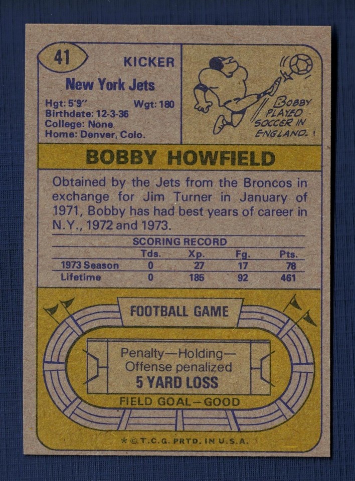 1974 Topps Bobby Howfield #41 New York Jets NM | eBay