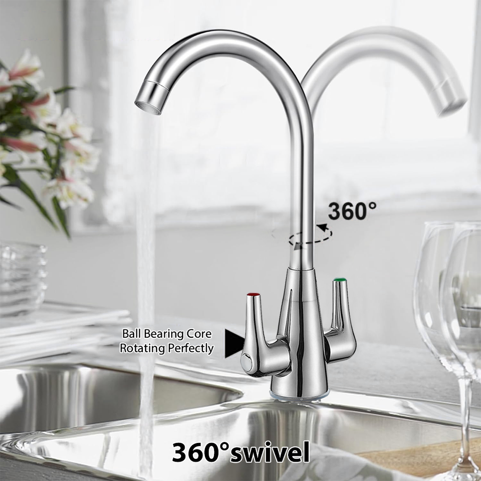 Modern Kitchen Sink Mixer Taps Swivel Spout Twin Lever Tap Mono Chrome ...