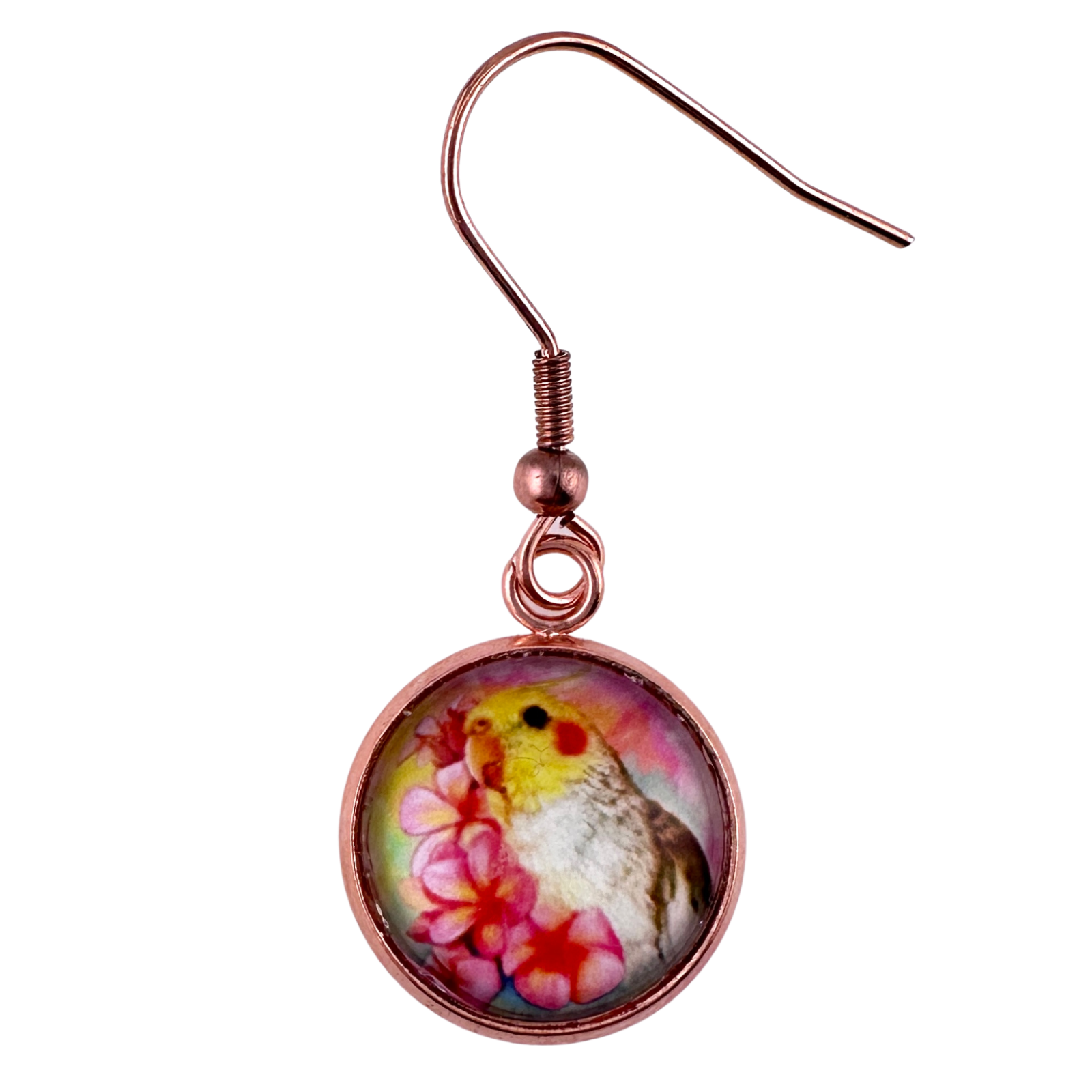 Cockatiel Bird & Frangipani Earrings 16 mm Round Glass Rose Gold ...