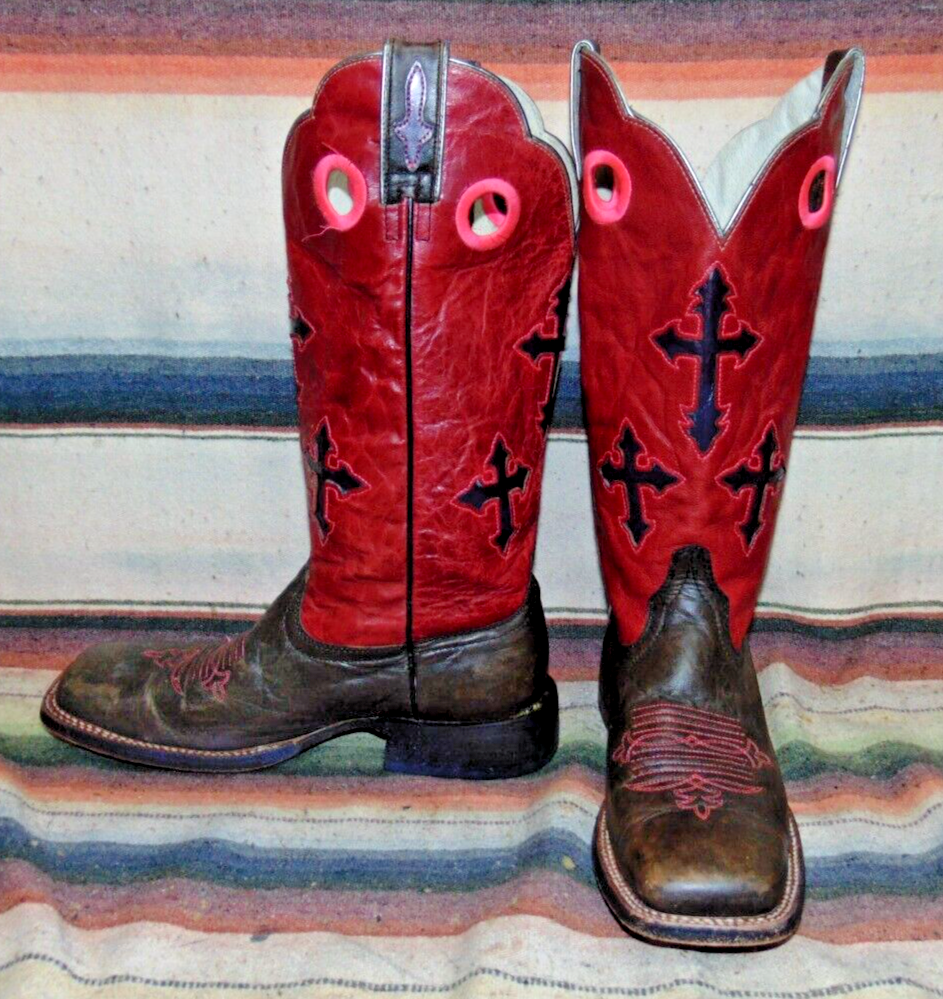 Womens Ariat Brown / Red Leather Cross Inlay Cowboy Boots 9.5 B Very ...