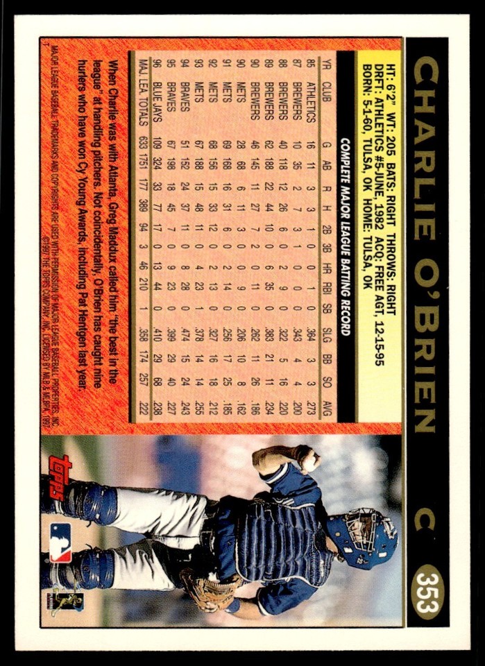 1997 Topps Baseball Card Charlie O'Brien mnb Toronto Blue Jays #353 | eBay