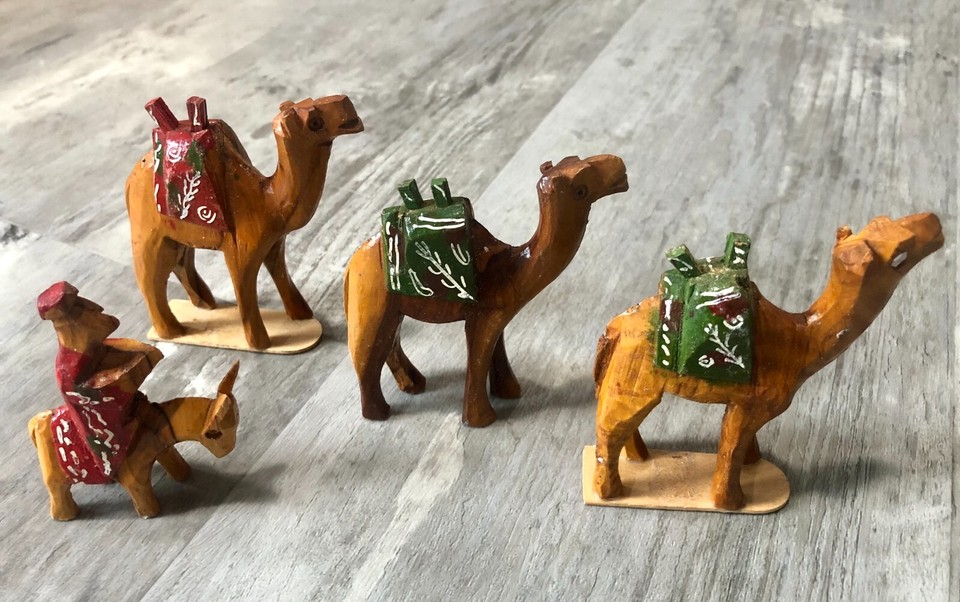 4-Hand Carved & Painted Wooden Camels (3) & Camel Master Mule Nativity ...