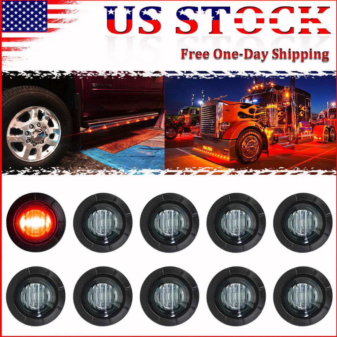 10x Smoked Marker Lights Red LED Truck Trailer Side 3/4" Round 12V ...
