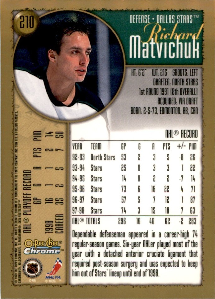1998-99 O-PEE-CHEE CHROME RICHARD MATVICHUK. DALLAS STARS #210 | eBay