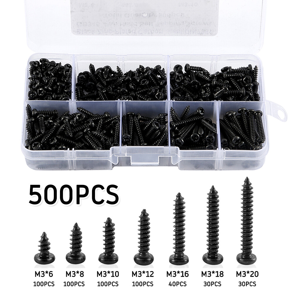 500PC Black M3 Cross Recessed Round Head Self Tapping Screws Assorted ...