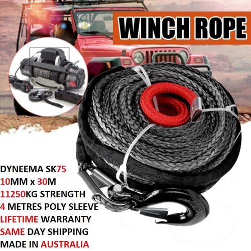 Winch Rope 10mm x 30m Synthetic Dyneema SK75 Hook Tow Hook Recovery ...