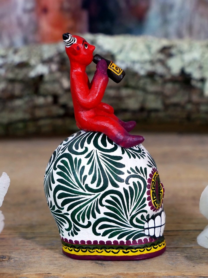 Baby Devil Drinking a Beer Sugar Skull Day of the Dead Handmade Mexican ...