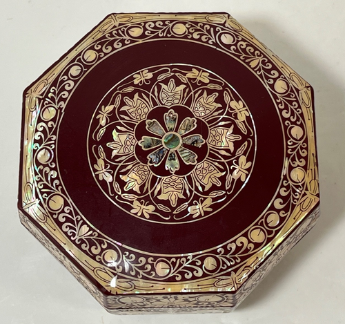 Octagonal Inlaid Abalone Wooden Asian Trinket Box Red Gold Flowers ...