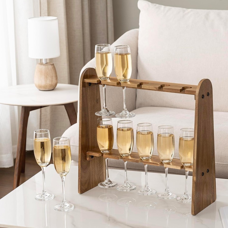 2 Tier Tabletop Acacia Wood Champagne Flute Glass Holder Stand ...