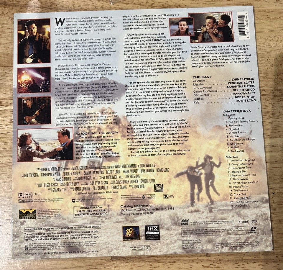 Broken Arrow Laserdisc Widescreen Edition THX John Travolta Christian ...