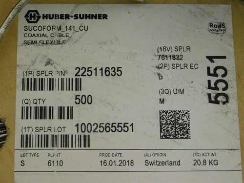 20 Ft Huber+Suhner SUCOFORM_141_CU Ag Plated Copper Formable Microwave ...