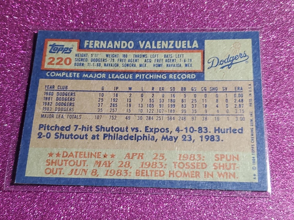 1984 Topps Baseball Fernando Valenzuela Los Angeles Dodgers #220 | eBay