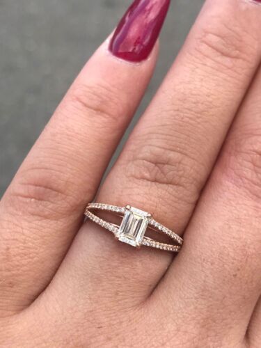 1ct Emerald Cut Simulated Diamond Split Band High Set Ring 14k Rose ...