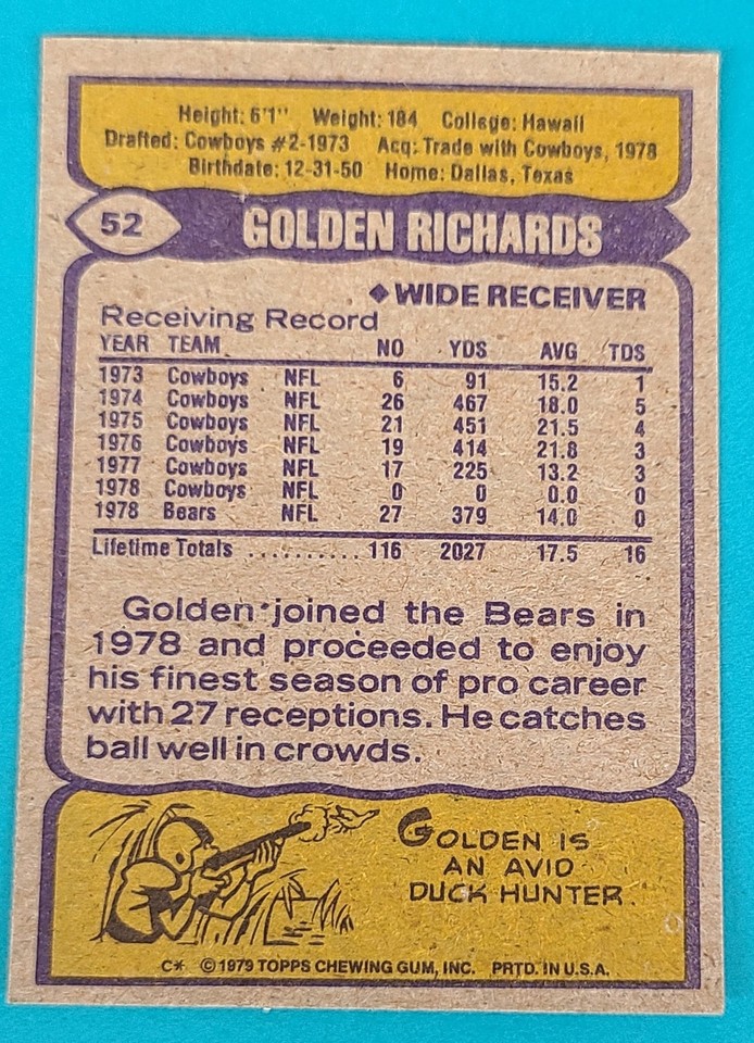 1979 Topps #52 Golden Richards Chicago Bears FOOTBALL Card C8 | eBay