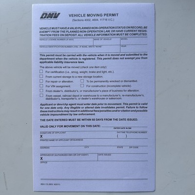 DMV 1 Day Moving Permit For Smog Repairs Verification Storage etc | eBay