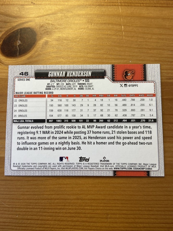 2026 Topps MLB Series 1 Gunnar Henderson #46 Rainbow Foil | eBay