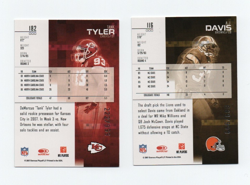 NORTH CAROLINA ST WOLFPACK FOOTBALL NUMBERED ROOKIE CARD LOT AJ DAVIS ...