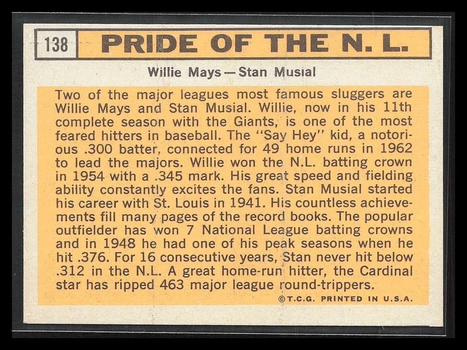 WILLIW MAYS STAN MUSIAL 1963 Topps Baseball #138 SAN FRANCISCO GIANTS ...