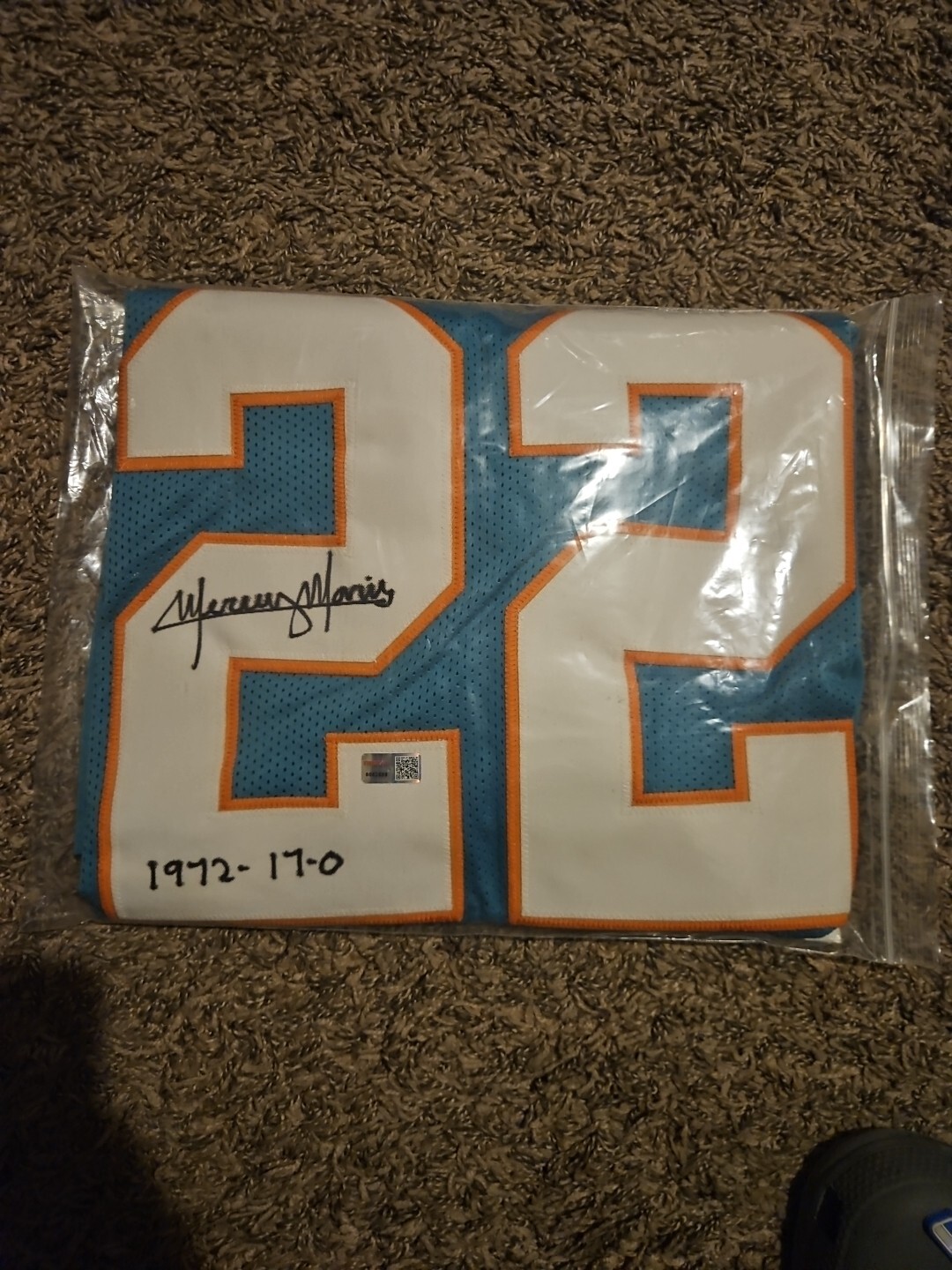 MERCURY MORRIS 1972 MIAMI DOLPHINS 17-0 Signed JERSEY + Beckett Witness ...