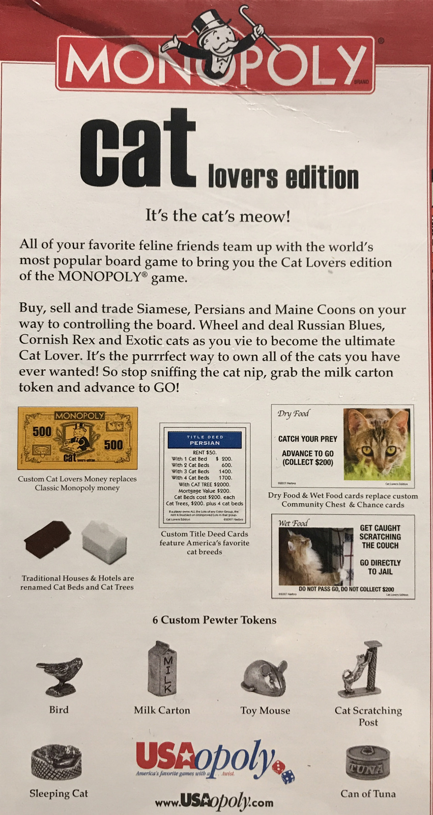 2007 Hasbro Monopoly Cat Lovers Edition Board Game 6 Pewter Tokens for ...