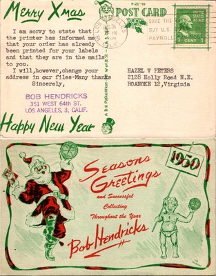 Seasons Greetings Santa Card 1950 Bob Hendricks Christmas Message LA CA | eBay
