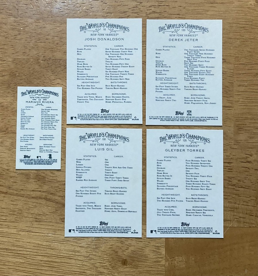 NY Yankees Allen & Ginter 5 card lot- Rivera, Jeter, Torres, Donaldson ...