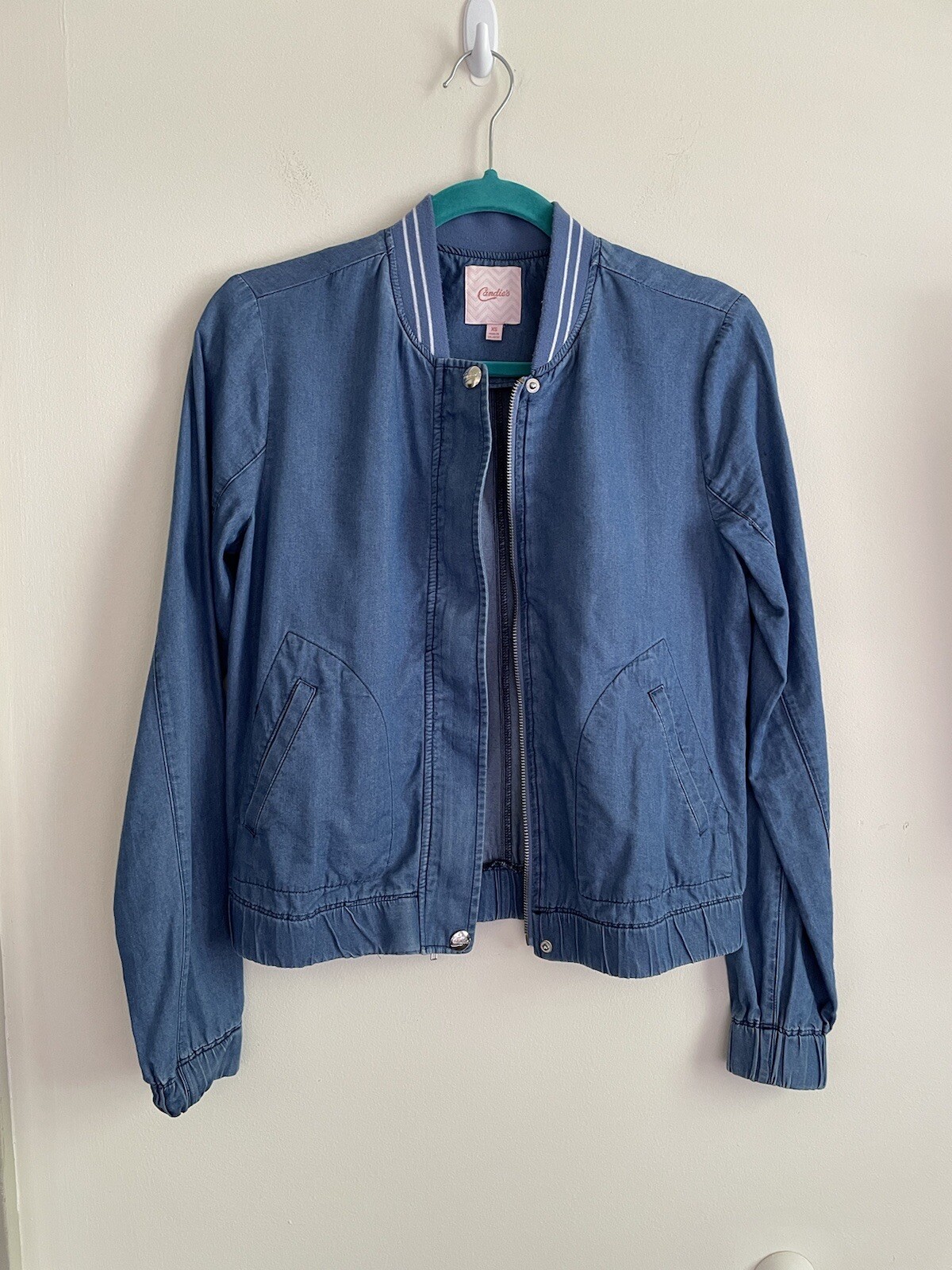 Candie’s Chambray Bomber Jacket Blue Lightweight Zip … - Gem