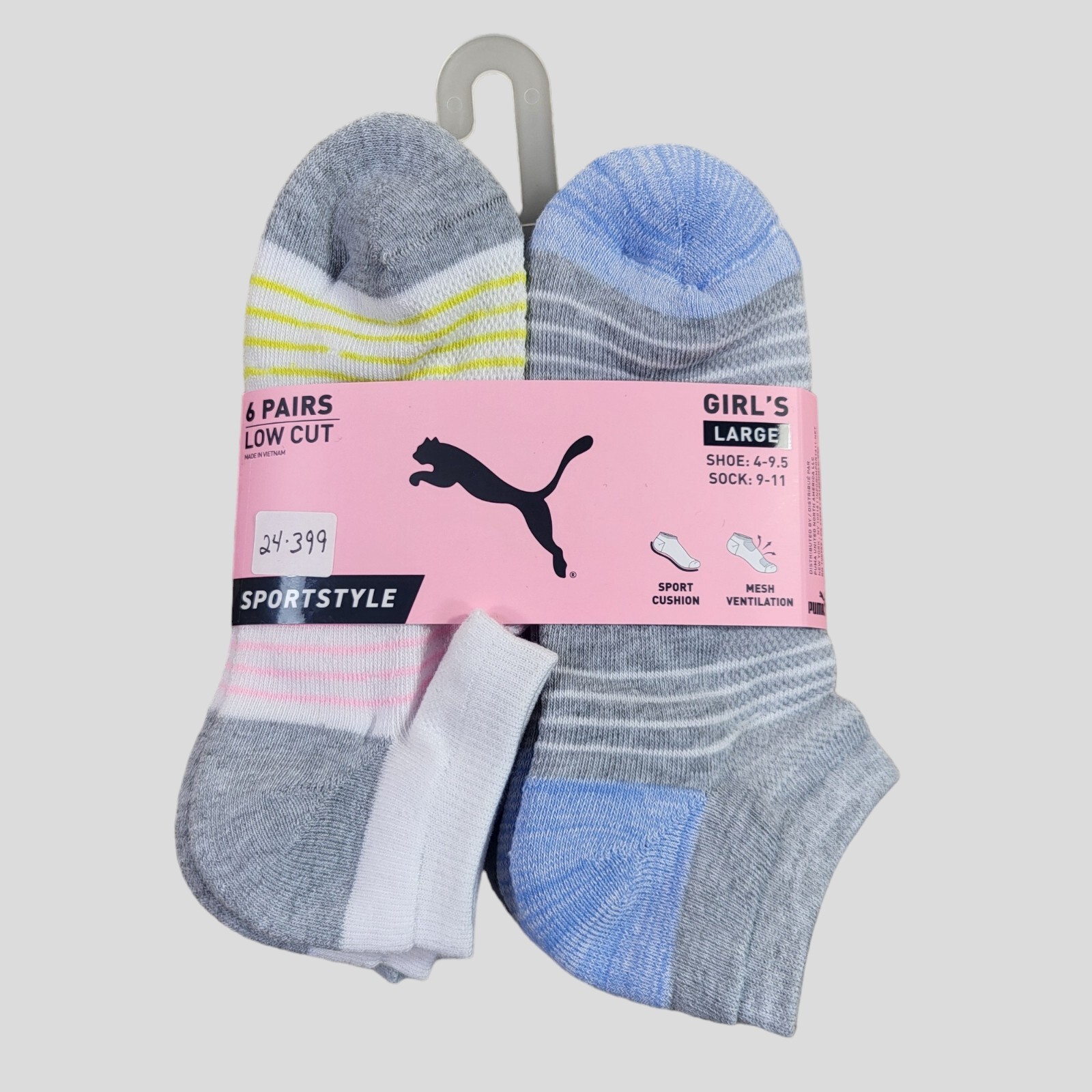 PUMA Girls Socks Low Cut Mesh Ventilation Cushioned 6 Pair Shoe Size 4 ...
