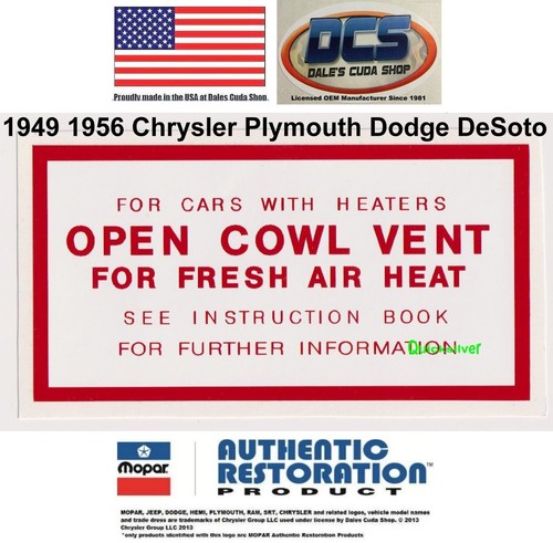 1949 56 Chrysler Plymouth Dodge DeSoto Open Cowl Vent MoPar Decal USA ...