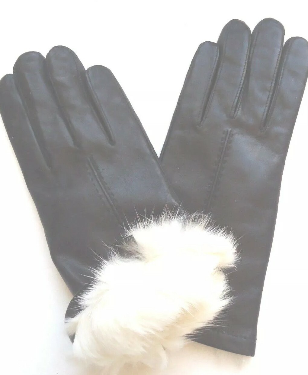 Ladies ETIENNE AIGNER White Rabbit Fur Genuine Leather Gloves,Black ...