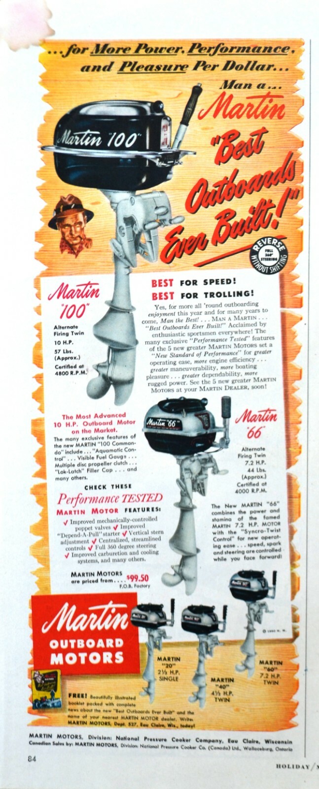 1952 Vintage Original Martin 100 Outboard Motor Print Ad Fishing Twist ...