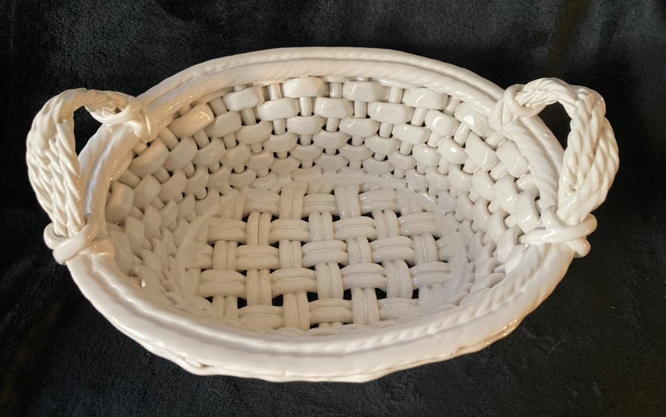 Handcrafted White Ceramic Woven Basket w/Handles..11" x 8.5" x 4"...Portugal | eBay