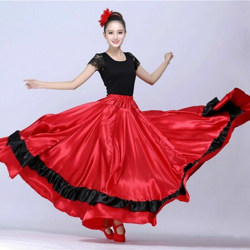 Ladies Satin Dance Skirt Spanish Flamenco Modern Ruffle Ballroom ...