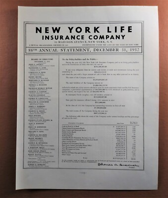 1930's Business New York Life Insurance Co 88th Annual Statement - 1933 ...