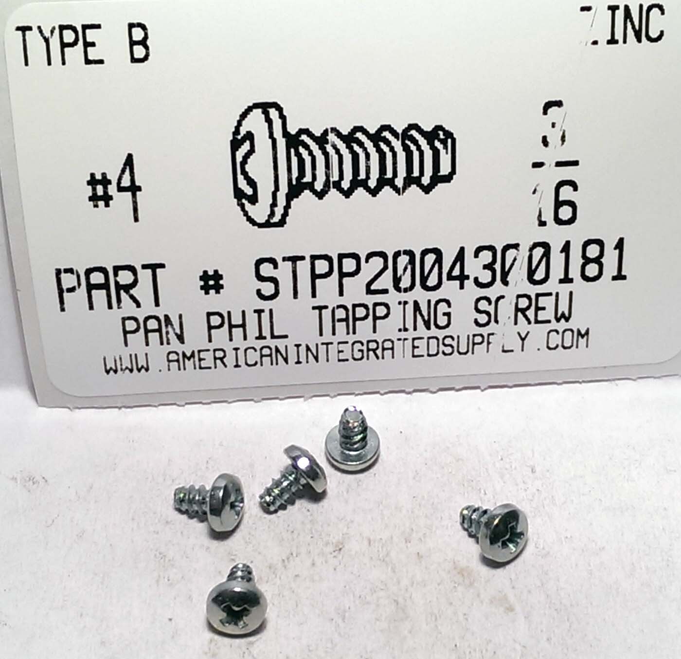 #4x3/16 Pan Head Phillips Tapping Screws Type B Steel Zinc Plated (100 ...