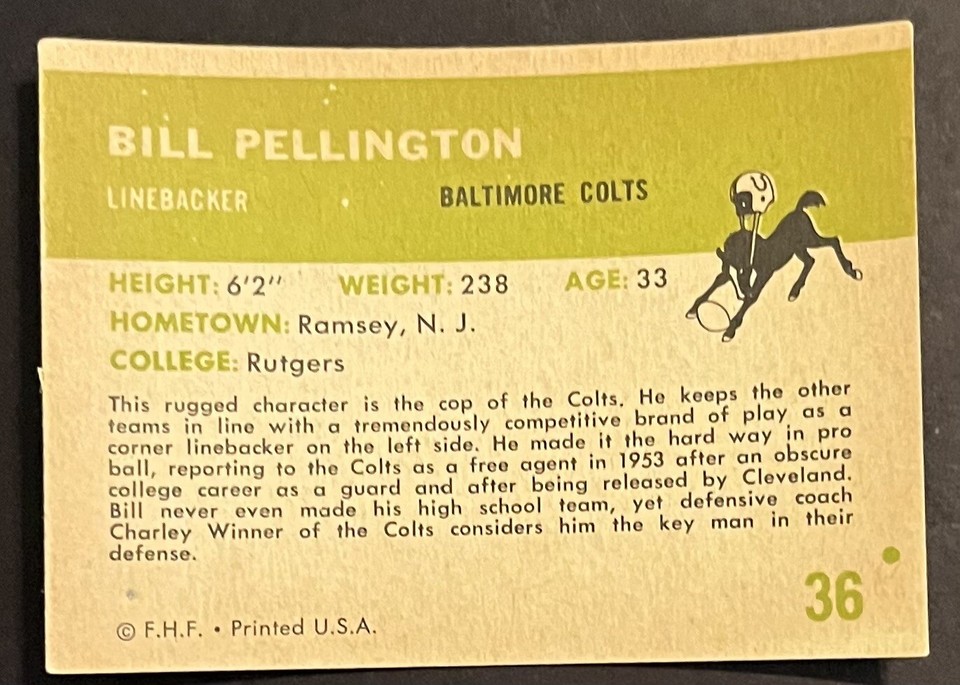 1961 FLEER BILL PELLINGTON #36 BALTIMORE COLTS SOFT CORNERS PRINT LINE ...
