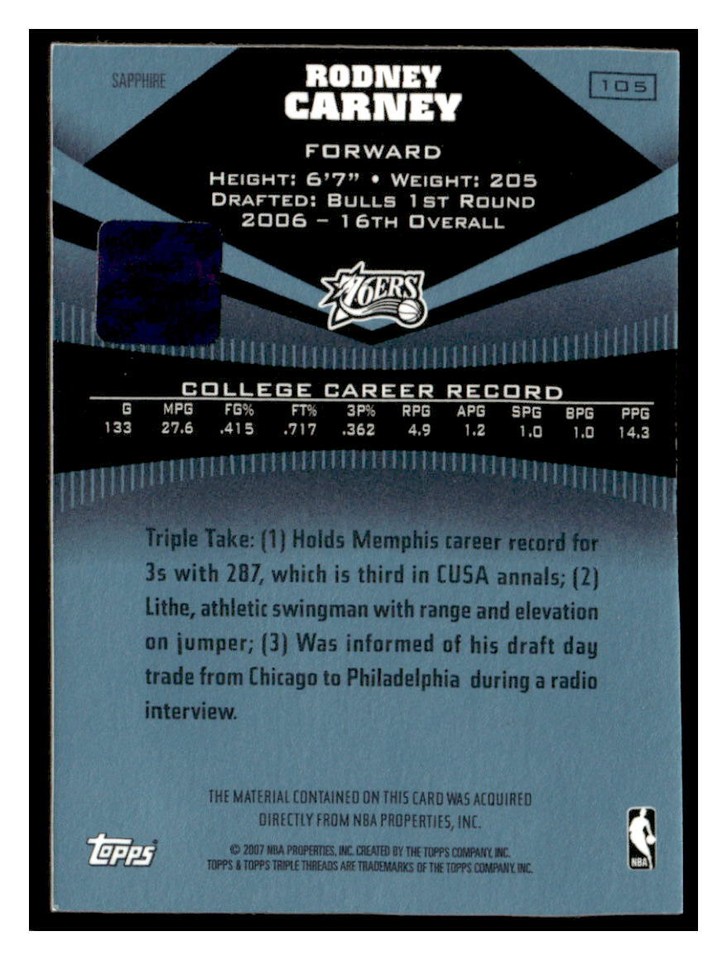 RODNEY CARNEY 2007 TOPPS TRIPLE THREADS JERSEY PATCH AUTOGRAPH /10 AUTO ...