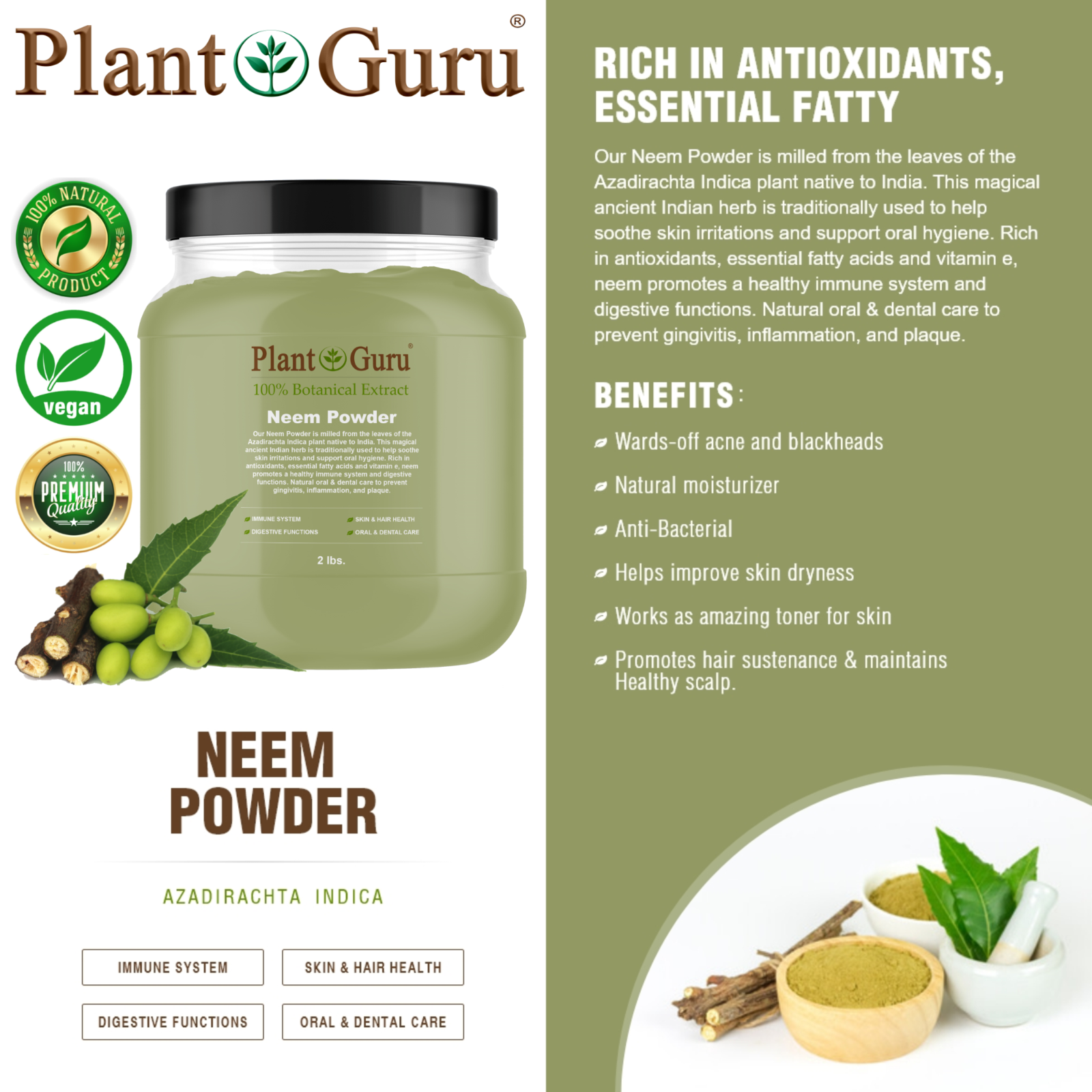 Neem Powder 2 lb. Jar Bulk Dried Leaf 100% Pure Raw Leaves (Azadirachta ...