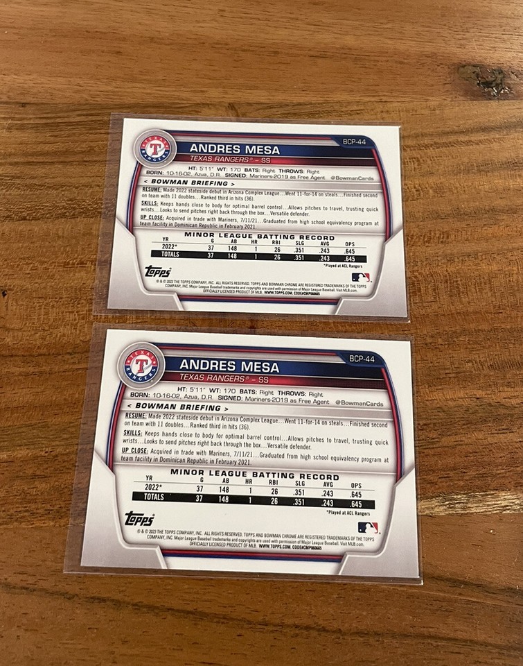 Andres Mena Lot x2 2023 1st Bowman Chrome Prospects Rookie NRMT+ Rangers RC | eBay